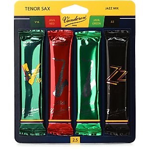 Vandoren SRMIXT25 Tenor Sax Jazz Reed Mix Card includes 1 each ZZ, V16, JAVA and JAVA Red Strength 2.5