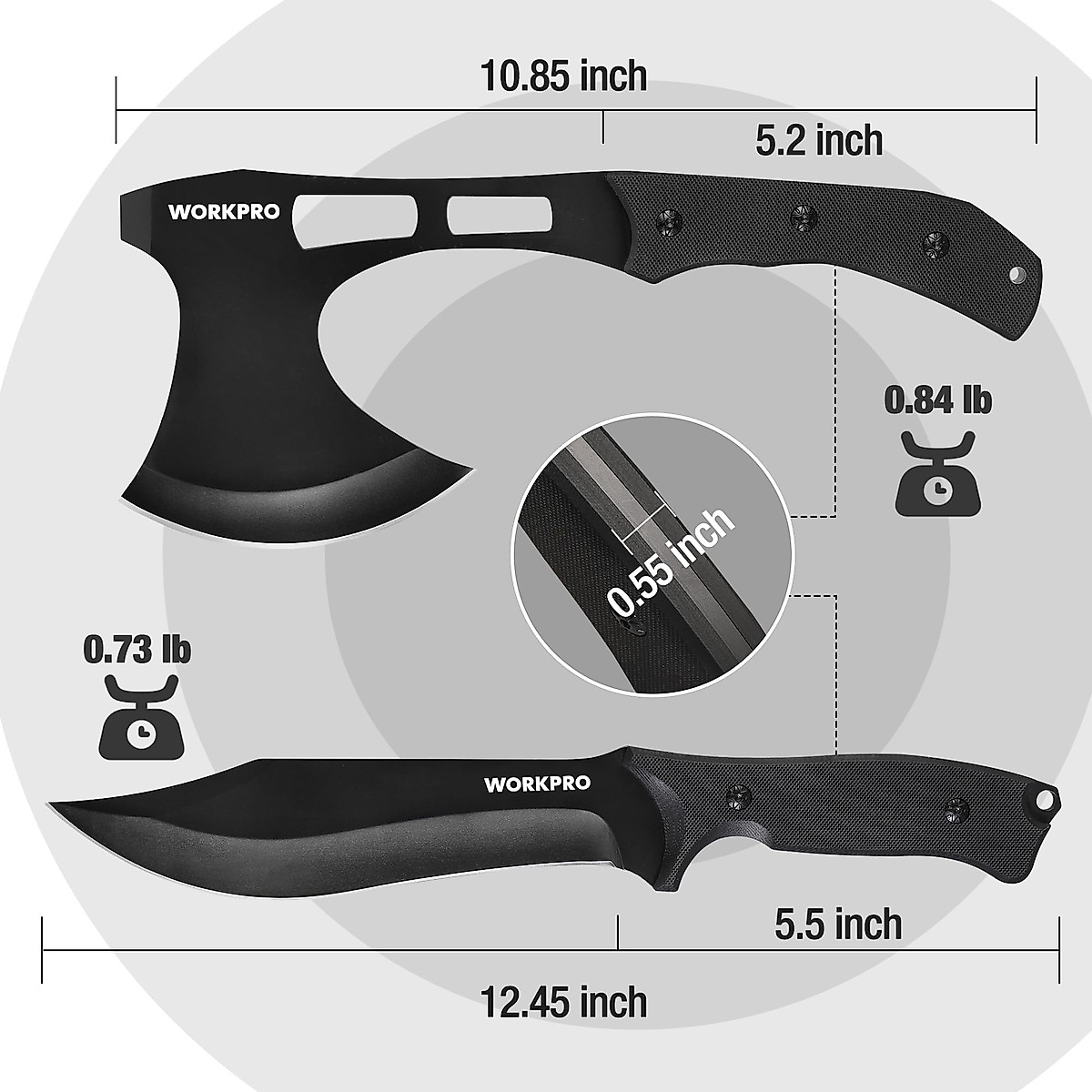 WORKPRO Hunting Knife and Hatchet Axe Combo Set - Full Tang Fixed Blade Tactical Knife and Camping Axe - Survival Knife and Camping Hatchet with Sheathes - Tactical Knife and Survival Axe for Men