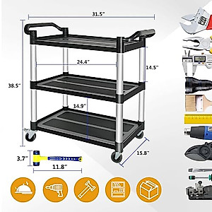 MAYNIYJK Plastic Utility Carts with Wheels, 3-Tier Restaurant Cart, Heavy Duty Rolling Cart Food Service Cart 420LBS, Bus Cart with Lockable Wheels and Rubber Hammer for Warehouse/Kitchen, Black