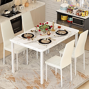 DKLGG Dining Table Set for 4, 5 Piece Kitchen Table Set with PU Leather Chairs Space-Saving Faux Marble Dining Room Table Set for 4 for Small Home Kitchen, Apartment