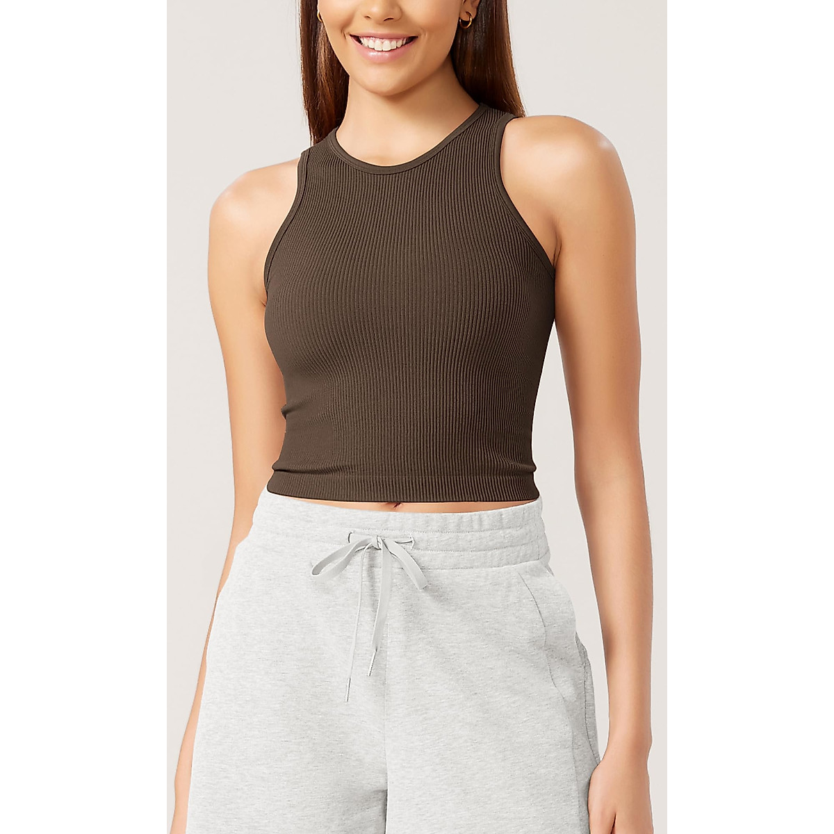 ODODOS 3-Pack Seamless Tank for Women Rib-knit Soft Sleeveless High Neck Tank Tops, Waist Length, Brunette+Clay+Mushroom, X-Small/Small