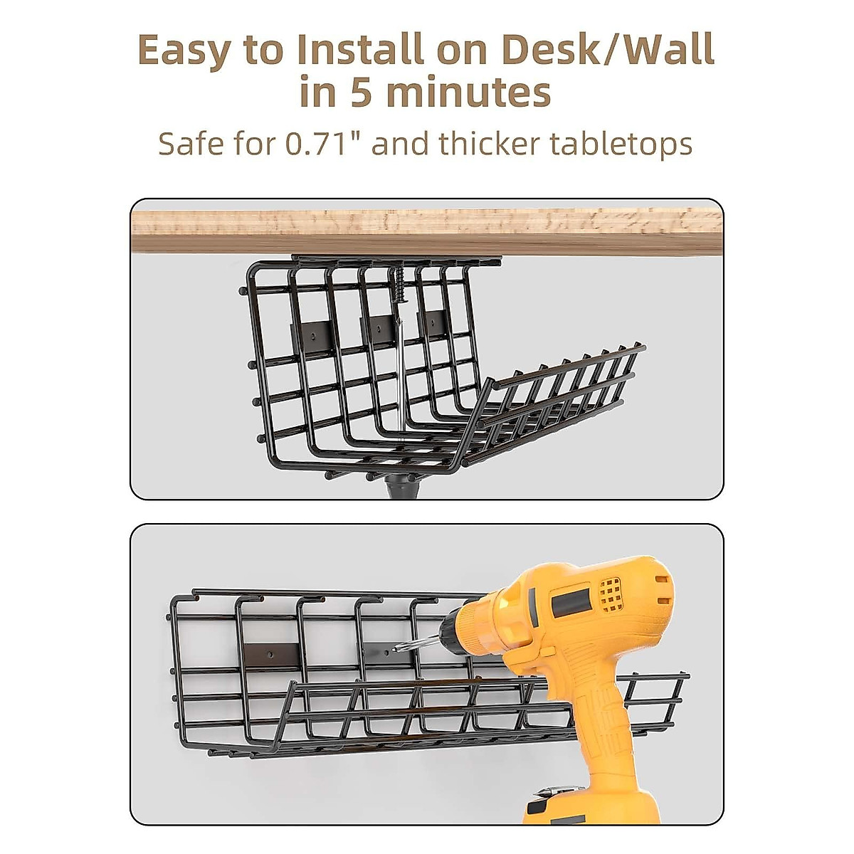 2 Pack Under Desk Cable Management Tray, 16.5'' Desk Cable Organizer Metal Wire Cord Management Under Desk Organizer for Office, Home, Black