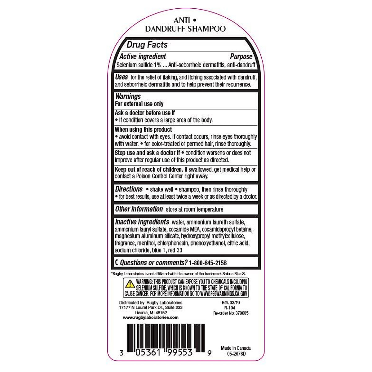 Rugby Selenium Sulfide Anti-Dandruff Shampoo 7 oz (Pack of 10)