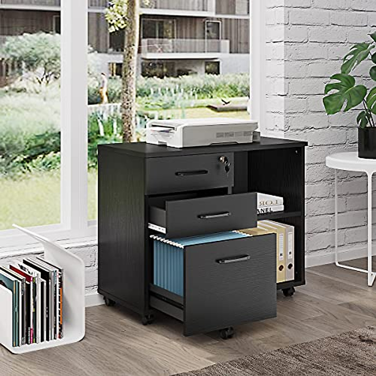 Wood File Cabinet, 3 Drawer Mobile Lateral Filing Cabinet On Wheels, Printer Stand with Open Storage Shelves for Home Office(Black)
