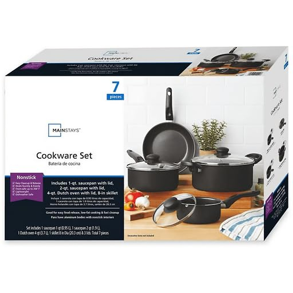 Deahun Mainstays 7 Piece Non-Stick Cookware Set Aluminium Mint, Dishwasher Safe (Black)