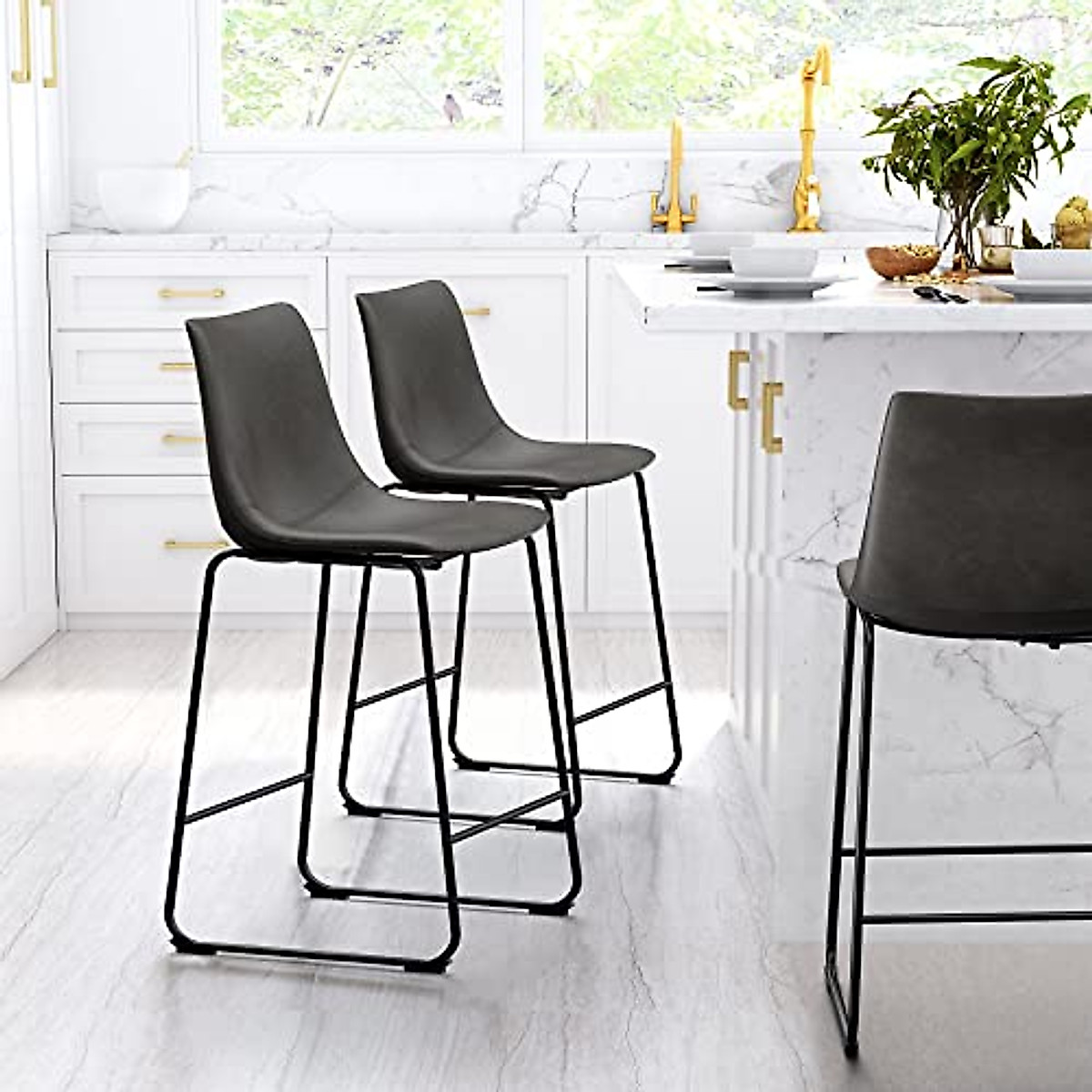 NicBex Retro Bar Stools Crazy-Horse Leather with Metal Legs Barstools, Lounge Kitchen Island Counter Stools, Set of 2, (Grey Color) (A-GE17019-USSU014)