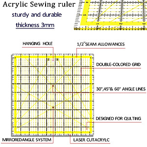 VPVPV 4 Piece Quilting Ruler,Acrylic Square Ruler,Quilting Templates,with Non Slip Rings 25 Pieces（4.5“X4.5”、6“X6”、9.5“X9.5”、12.5“X12.5”） (Yellow)