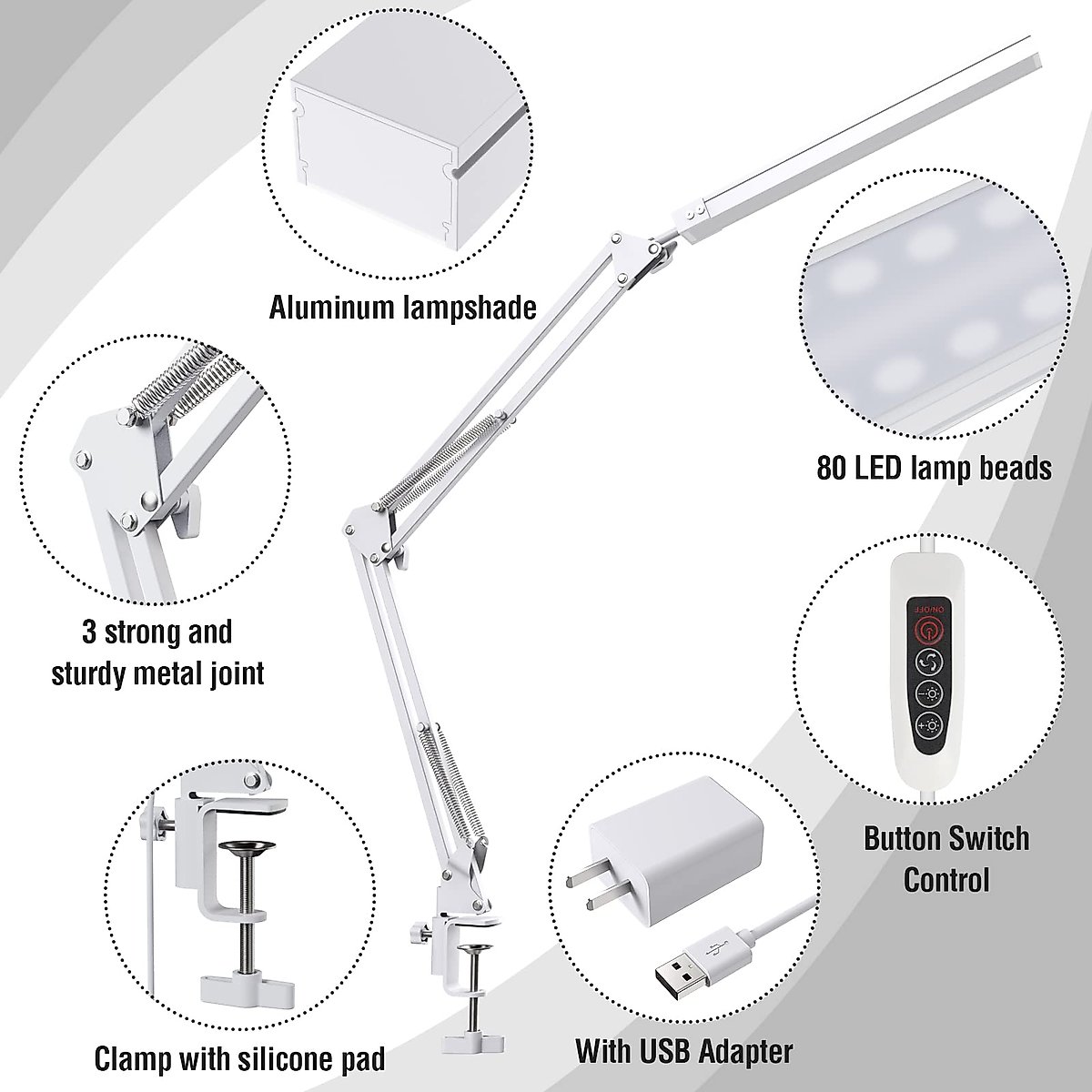 TROPICALTREE LED Desk Lamp, Swing Arm Desk Light with Clamp, 3 Lighting 10 Brightness Eye-Caring Modes, Reading Desk Lamps for Home Office 360°Spin with USB Adapter & Memory Function white-14W