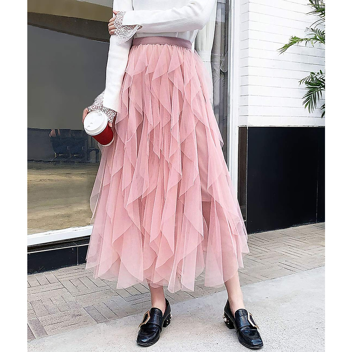 Femiserah Women's Long Rainbow A Line Tulle Tutu Skirts Tiered Skirt Petticoat（One Size, Tulle Pink
