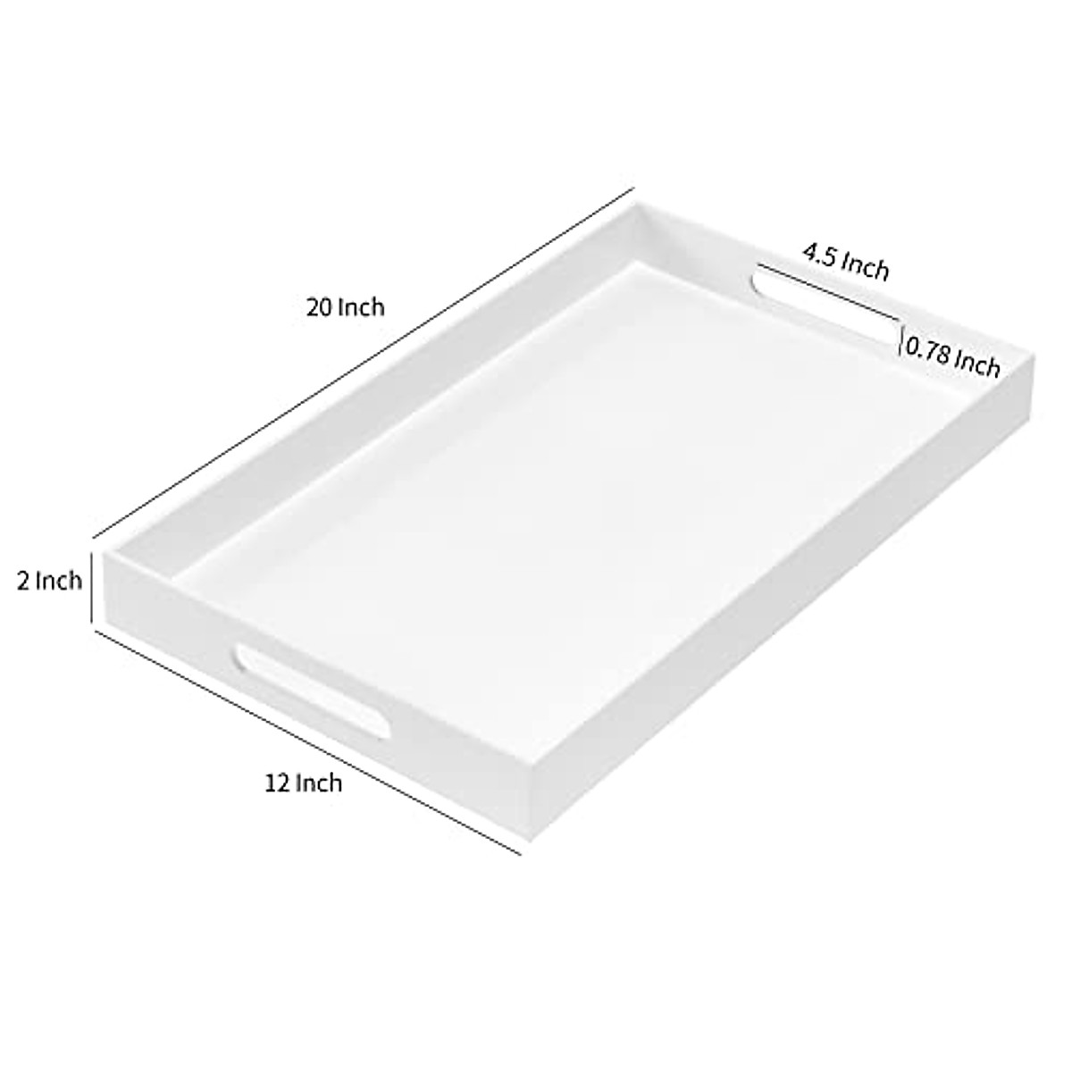 MUKEEN Glossy White Sturdy Acrylic Serving Tray with Handles 12x20x2H Inches -Spill Proof- Decorative Trays Countertop Organizer for Ottoman Coffee Table Nightstand, sidetable, Breakfast, Tea, Food