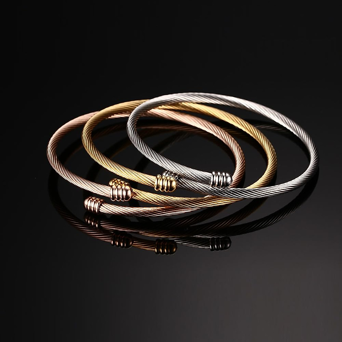 HUANIAN Stainless Steel Triple 3 Stackable Cable Wire Twisted Cuff Bangle Bracelet for Women, Gold/rose/silver