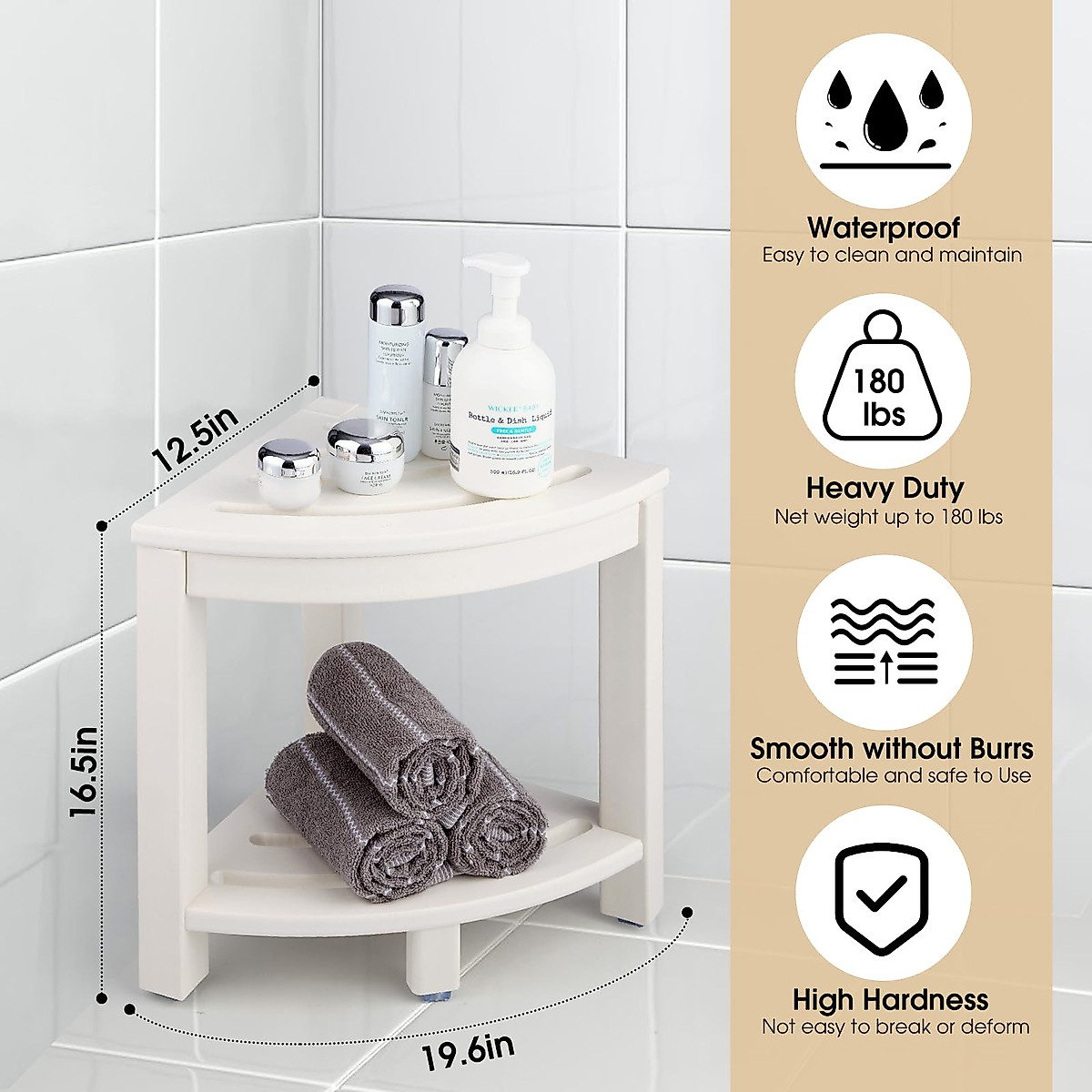 Apolimi HDPE Corner Shower Stool,Shower Bench Seat with Storage Shelf for Shaving Legs Plastic Spa Bath Step Foot Rest for Bathroom Small Place (White)