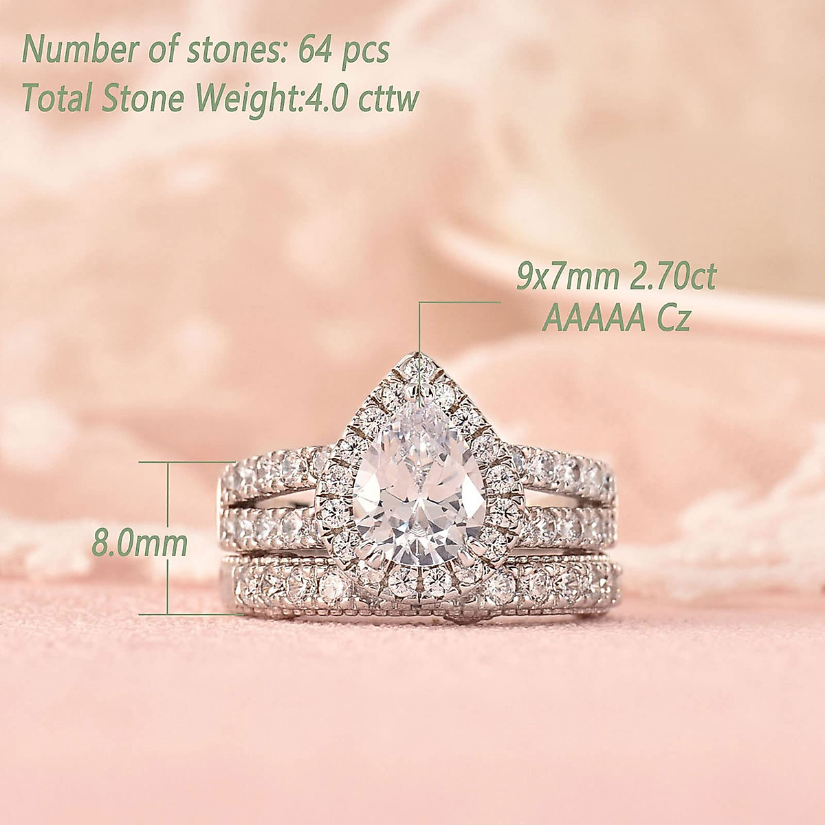 Wuziwen 4 Carats Wedding Engagement Ring Set for Women 925 Sterling Silver Cubic Zirconia Size 7