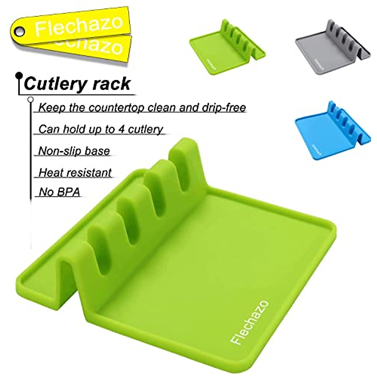 Silicone kitchenware mat-multi-spoon rack for kitchen countertops, cutlery rack with drip pad, suitable for cooking utensils such as barbecue tongs, spoons, etc., essential for party kitchens (green)
