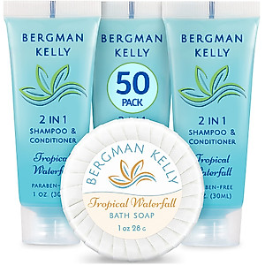 BERGMAN KELLY Round Soap Bars, 2in1 Shampoo & Conditioner 2-Piece Set (Tropical Waterfall, 1 oz each, 100 pc), Delight Your Guests with Revitalizing & Refreshing Sanitary Toiletries & Hotel Amenities