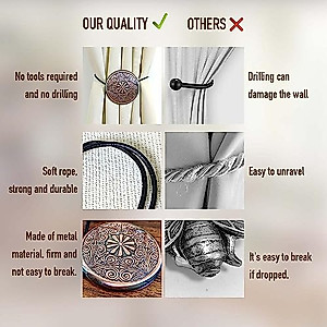 Vineland Retro Metal Magnetic Curtain Tie Back, 2 Pack Decorative Flower Metallic Boho Holder for Curtains Drape, Rustic Home Decoration (Brown)