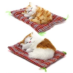 Coolayoung 2Pcs Sleeping Cat on Pad Doll Toy, Cute Mini Kitten on Pad with Meows Sounds Decor Hand Toy Gift for Kids Boys Girls