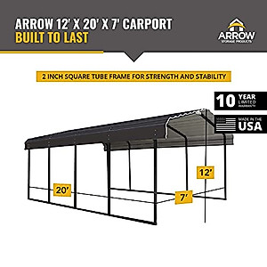 Arrow Shed 12 x 20 x 7-Foot Heavy Duty Galvanized Steel Metal Multi-Use Shelter, Shade, Carport, 12' x 20' x 7', Charcoal color