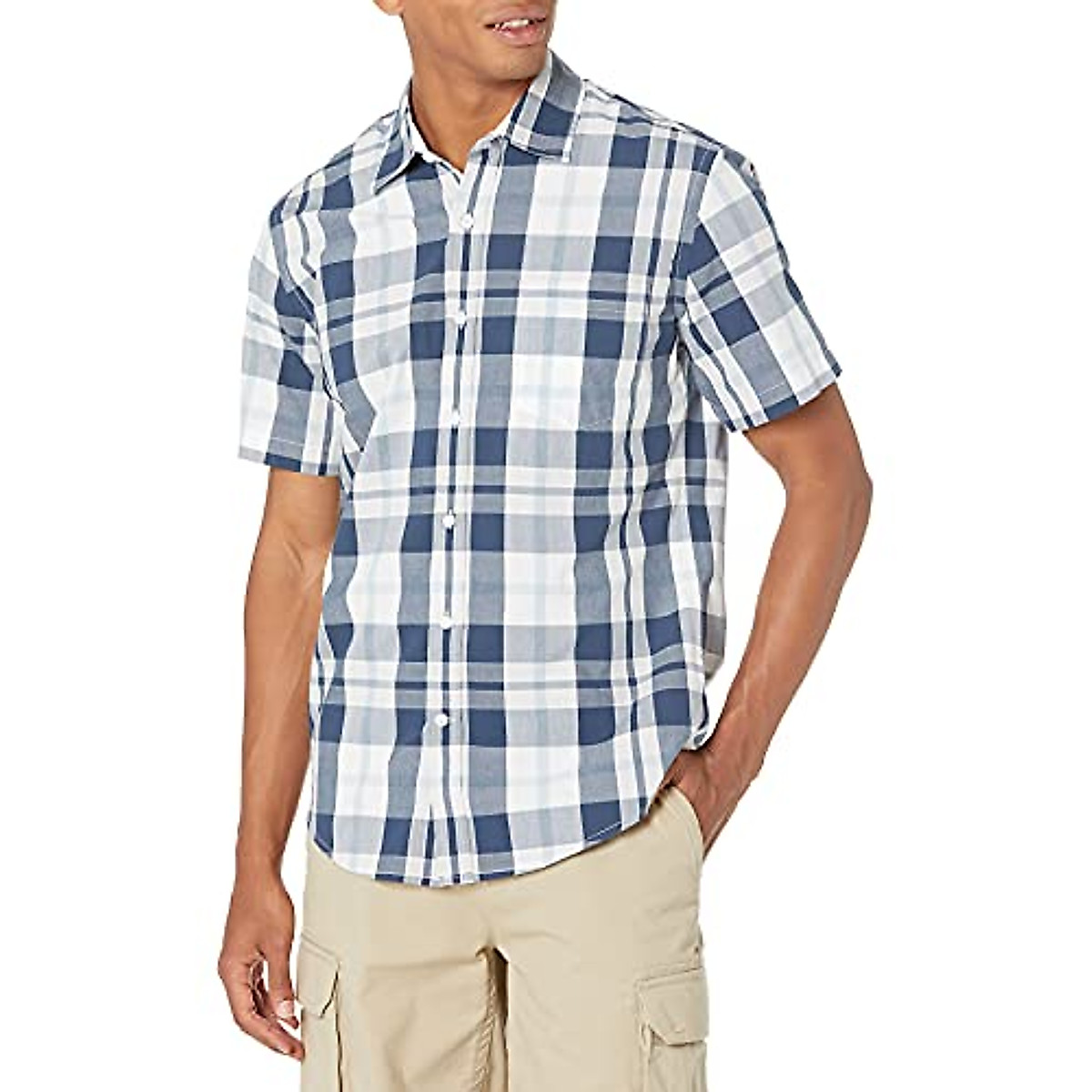 Amazon Essentials Men's Slim-Fit Short-Sleeve Poplin Shirt, White/Navy, Large Plaid, X-Large