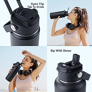 Kerilyn 24oz Stainless Steel Insulated Water Bottle, Double Wall Vacuum, Leak Proof with Silicone Straw, Wide Mouth, BPA Free, Copper Lined, Keep Cold 24h Hot 12h, Black