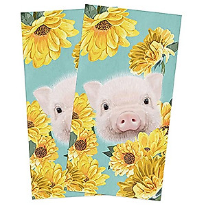 Farm Cute Pig Kitchen Towels Dish Cloth Towel Absorbent Hand Towel Cleaning Cloth,Idyllic Chrysanthemum Flower Dishcloth Quick Drying for Dishes Counter 2 Pack