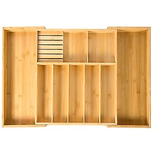 VaeFae Extra Large Kitchen Utensil Holder, Bamboo Silverware Drawer Organizer, Expandable Cutlery Organizer with Knife Block, Multifunctional Wooden Drawer Divider