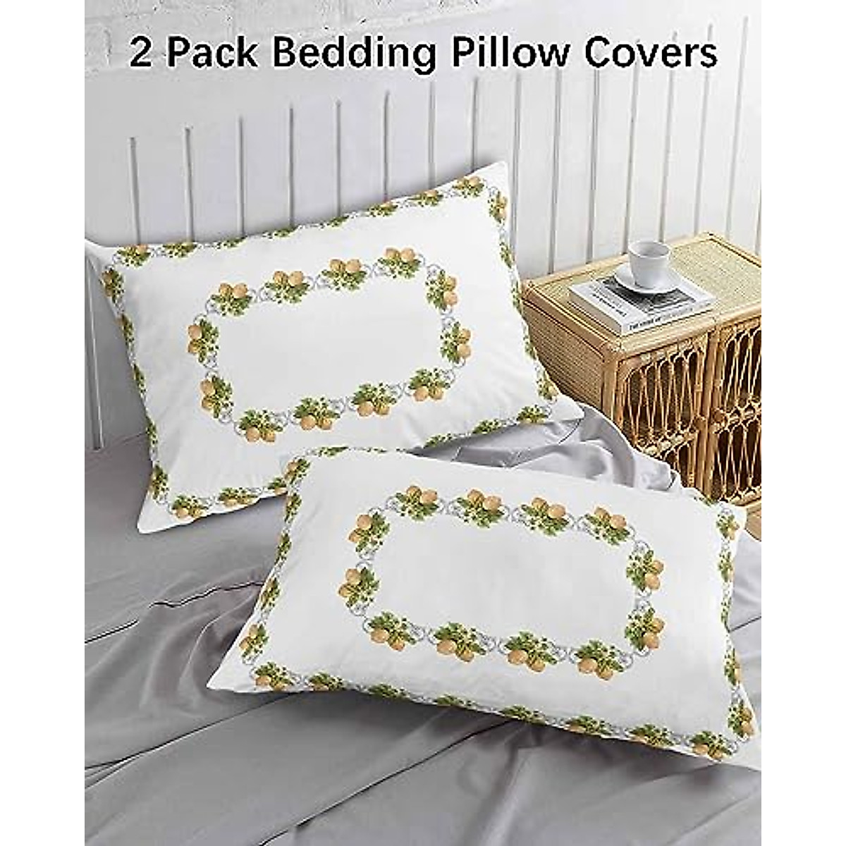 Edwiinsa Summer Lemon Pillow Covers King Standard Set of 2 20x36 Bed Pillow, Spring Leaves Yellow Lemon Lace Plush Soft Comfort for Hair/Skin Cooling Pillowcases with Envelop Closure