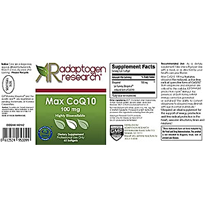 Max CoQ10 100mg | Biologically Active Coenzyme Q10 Kaneka Ubiquinol | No Crystal High Dose | Readily Absorbed Supplement | 60 Softgels | Adaptogen Research
