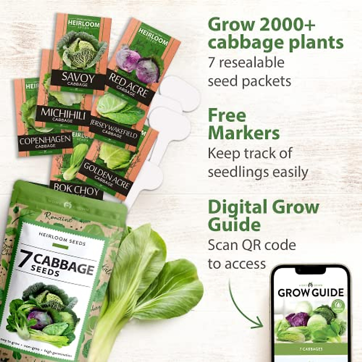 7 Cabbage Seeds for Planting - 2000+ Heirloom & Non-GMO Seeds - Golden Acre, Bok Choy, Savoy, Michihili, Red Acre, Copenhagen Market, Jersey Wakefield Cabbages - Garden Vegetable Lettuce Seeds