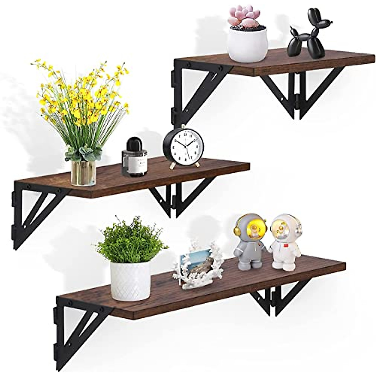 VECELO Floating Shelves, 3 Sets of Wall Mounted Shelf for Bathroom Decor, Bedroom, Living Room and Plants - Classic Brown