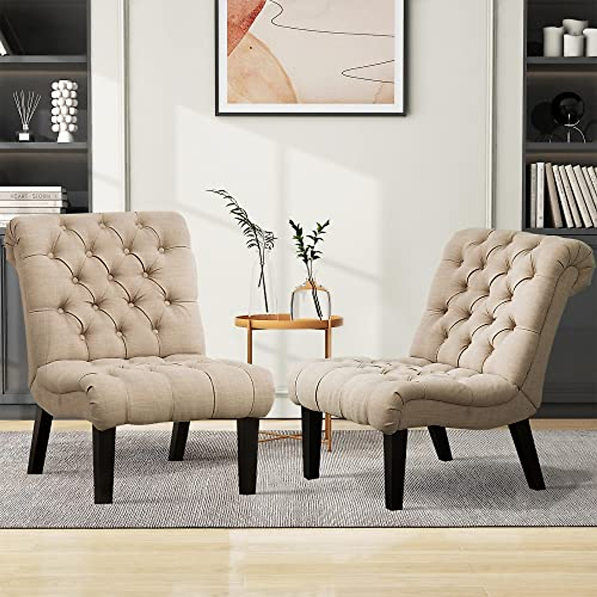 Alunaune Living Room Chair Modern Accent Chair, Upholstered Tufted Armless Bedroom Chair Sofa Backrest Fabric Recliner Lounge Chair Wood Legs-Khaki
