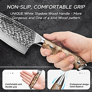 SCOLE® Chef Knife Damascus, 8 Inch Japanese Chefs Knife Razor Sharp, 67 Layers VG-10 Super Damascus Stainless Steel Kitchen Knife with Unique White Shadow Wood Handle Triple Rivet Full Tang, Gift Box