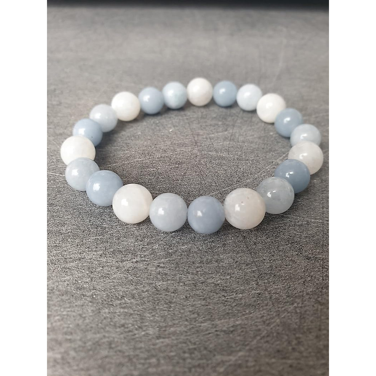 LKBEADS Natural Angelite, Aquamarine & Moonstone 10mm rondelle smooth 7inch Semi-Precious Gemstones Beaded Bracelets for Men Women Healing Crystal Stretch Beaded Bracelet Unisex