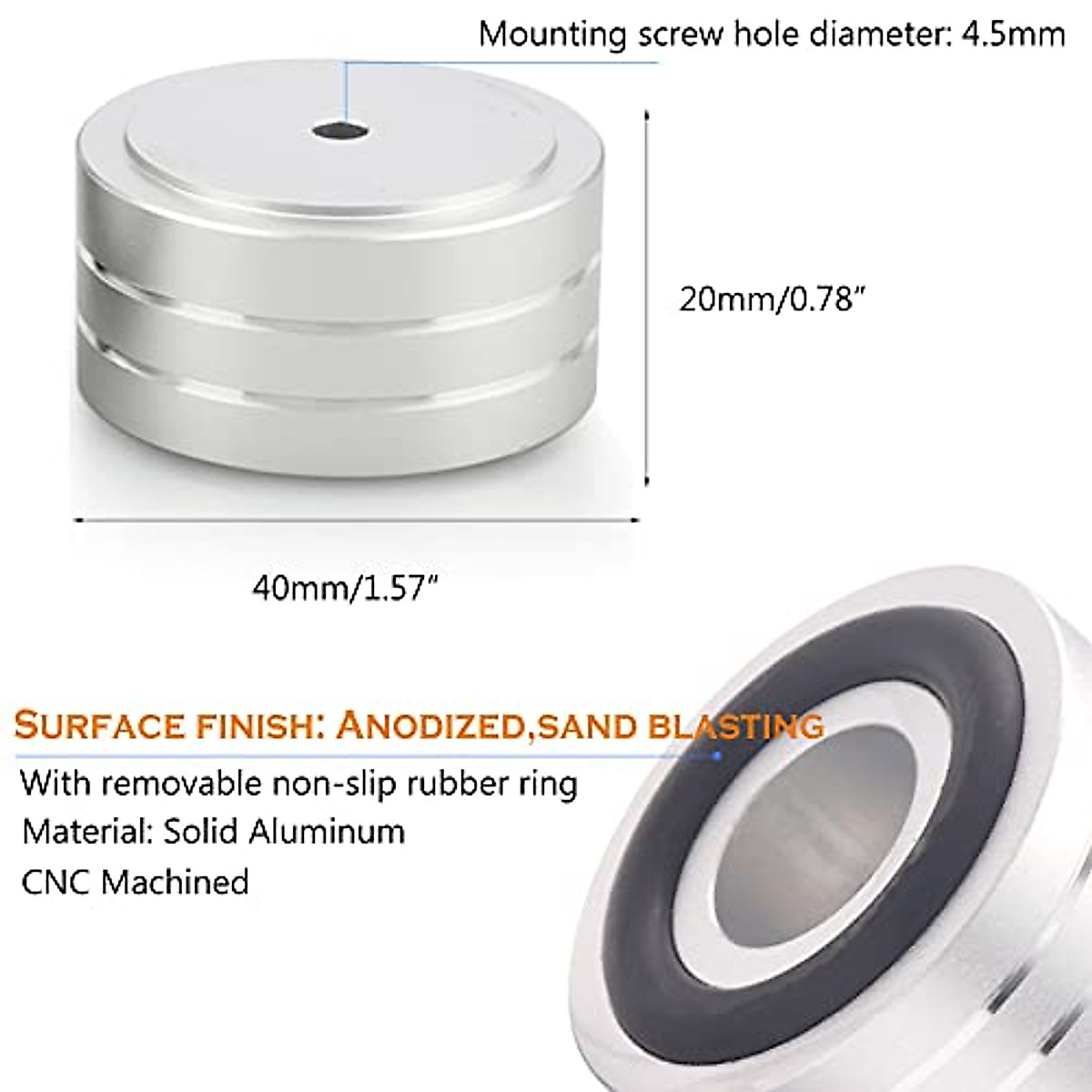 Tertullus 4 Sets High-End HiFi Aluminum Speaker Feet, Shock Base Pad Spikes,40x20mm,Shockproof Stand Pad for HiFi Devices Amplifier Turntable DAC Recorder CD (Silver)