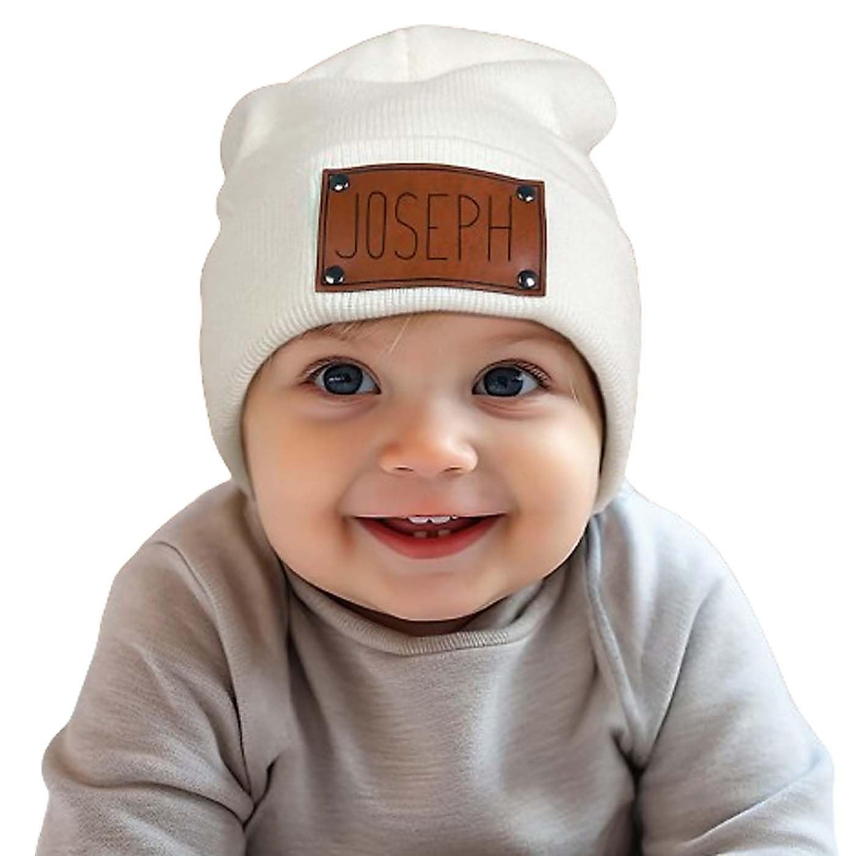 Personalized Beanie Hats, Custom Leather Patch Knitted Beanies Infant Toddler Kids Youth Child Baby Newborn Adult Beanie