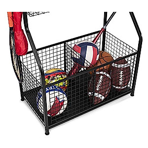 BirdRock Home Sports Equipment Ball Storage Rack for Garage - Baseball, Tennis, Football, Gym and Basketball Gear Organizer - Rack - Wide Bin Basket - 4 Hooks - Tools Garden Shovels Rack - Indoor