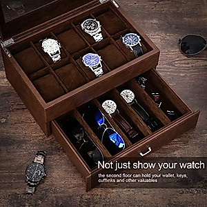 BEWISHOME Watch Box Luxury Watch Case -10 Slots Watch Organizer for Men with Drawer, Large Glass Top, Faux Leather,Brown SSH34Z