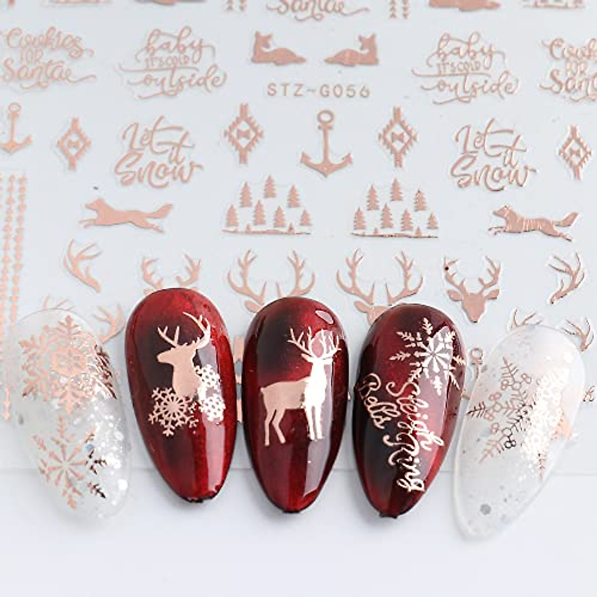 JMEOWIO 9 Sheets Christmas Nail Art Stickers Decals Self-Adhesive Pegatinas Uñas Navidad Rose Gold Winter Holiday Xmas Snowflake Nail Supplies Nail Art Design Decoration Accessories
