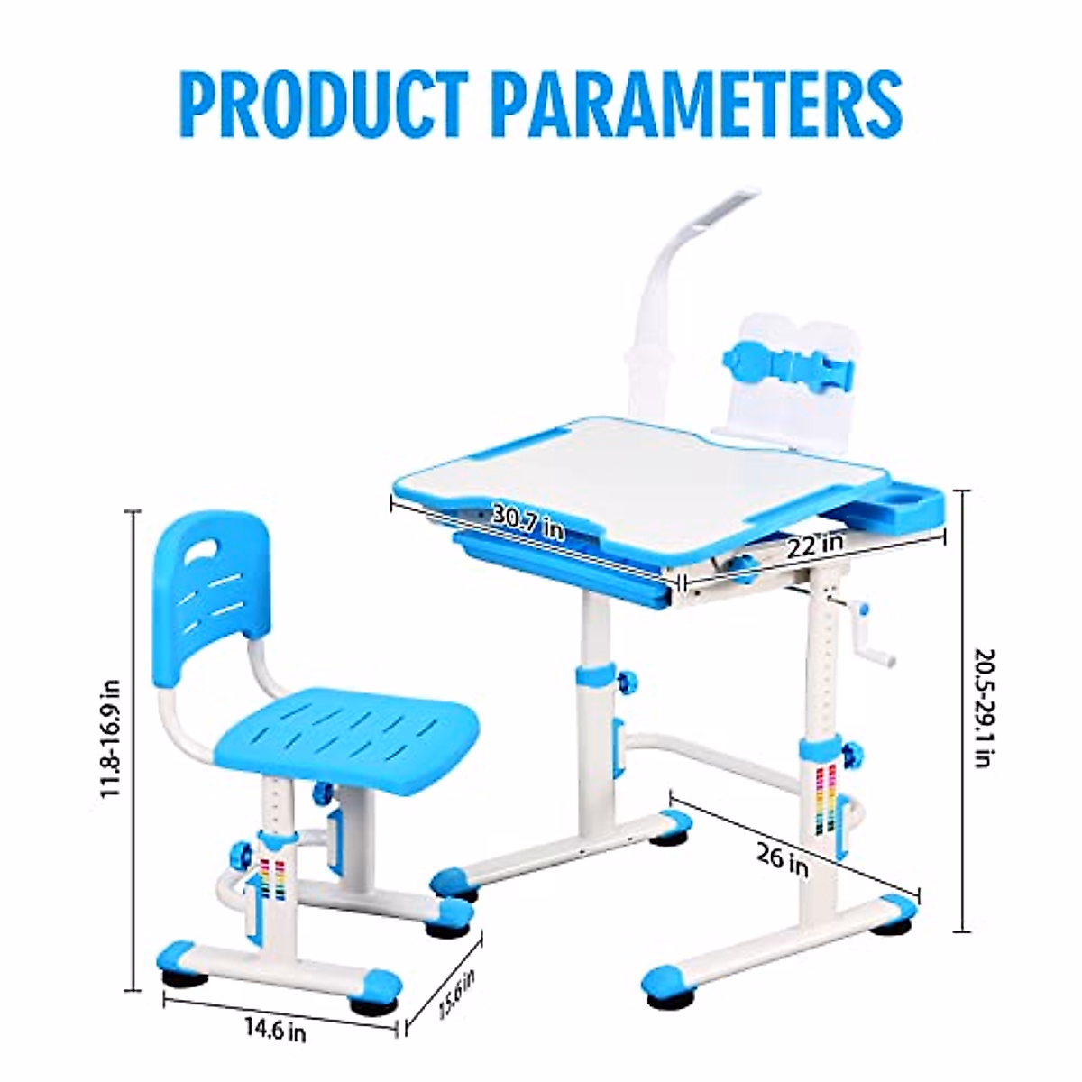 UNICOO Adjustable Kids Desk & Chair Set with LED Lamp, Premium Quality, Crank Height Adjustable Study Desk, Tilt Desktop, Spacious Storage Drawer, New Anti-tip Designed Bookstand & Safe Chair