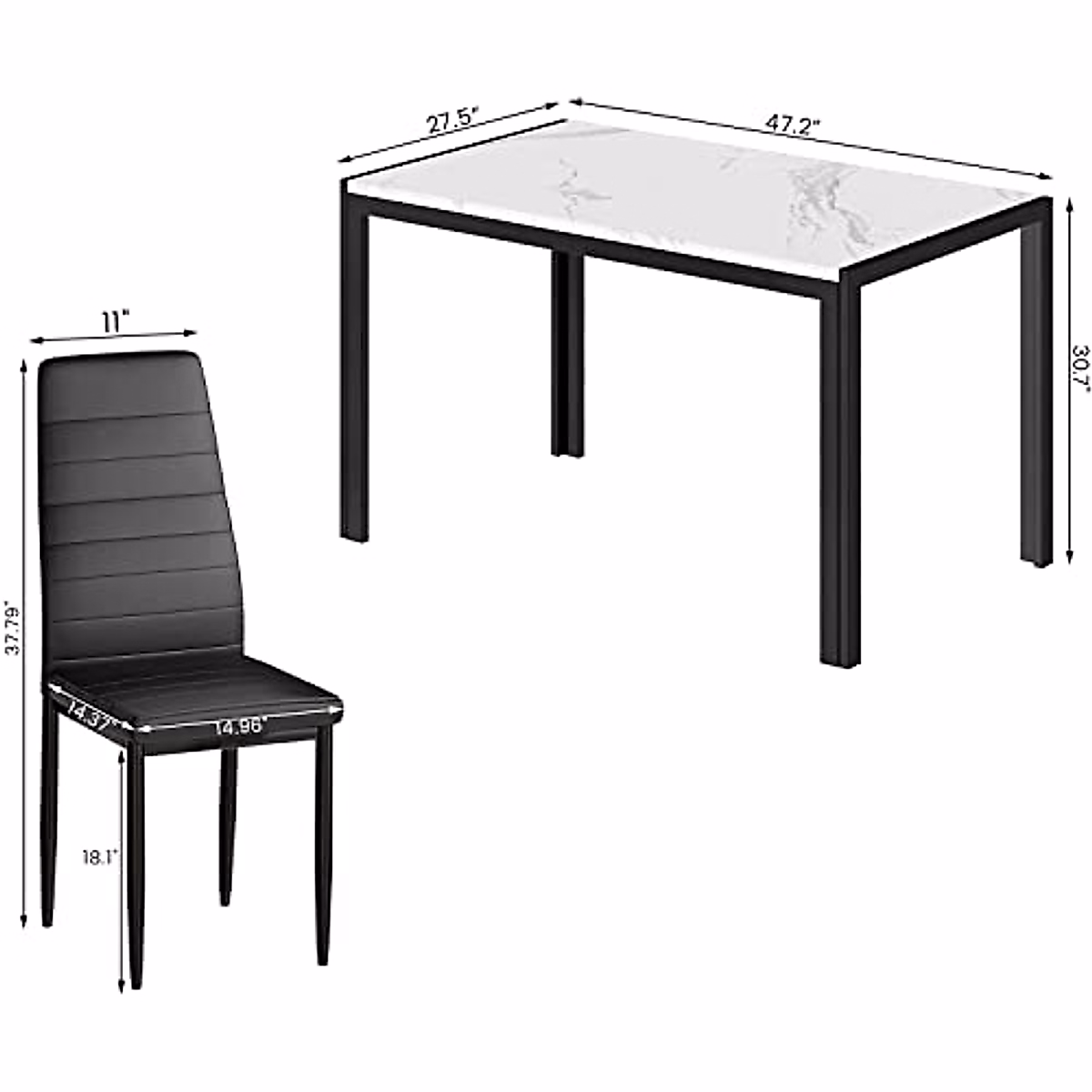 AWQM Marble Dining Table Set for 4, Rectangular Faux Marble Table and 4 PU Leather Chairs, 5 Pieces Kitchen Table Set,Ideal for Living Room, Dining Room,Breakfast Nook, White&Black