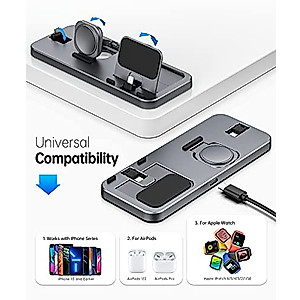 LERCIOR Apple Devices Portable Three-in-one Charging Station Apple Watch 7/6/SE/5/4/3/2/1 Charger Stand, iPhone AirPods Pro 3/2/1 Charging Base Foldable Charger-Gray
