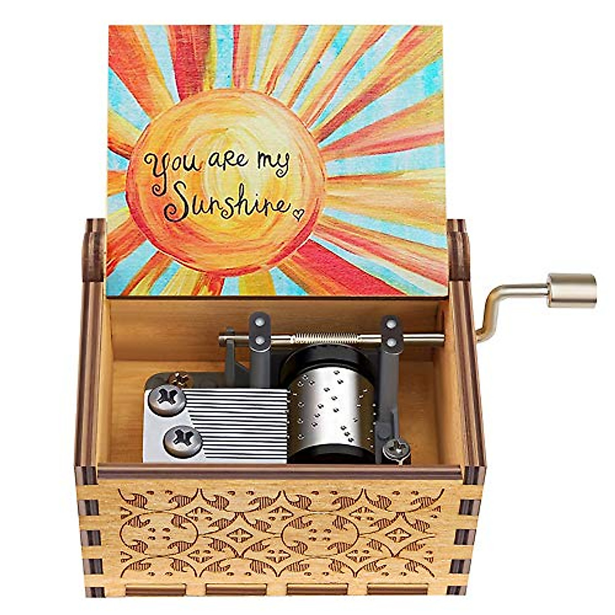 RUYE You are My Sunshine Music Box, Hand Crank Musical Box Vintage Wood Carved Engraved Musical Box-Gifts for Birthday/Christmas/Valentine's Day (White)