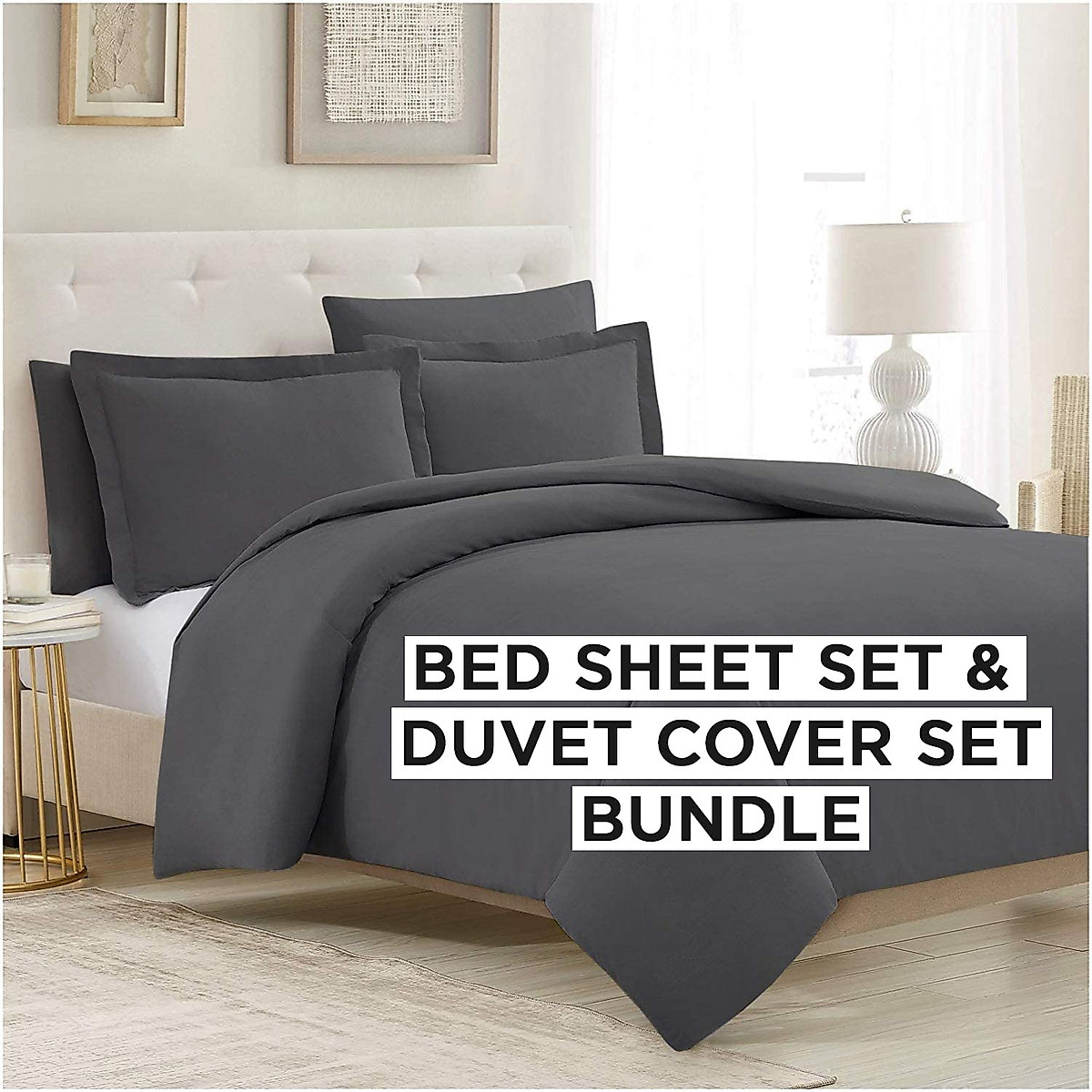 Mellanni Bed Sheet Set + Duvet Cover Set Bundle&Save - Hotel Luxury Bedding - Bundle Includes: 4pcs Bed Sheet Set and 5pcs Duvet Cover Set (Queen, Gray)