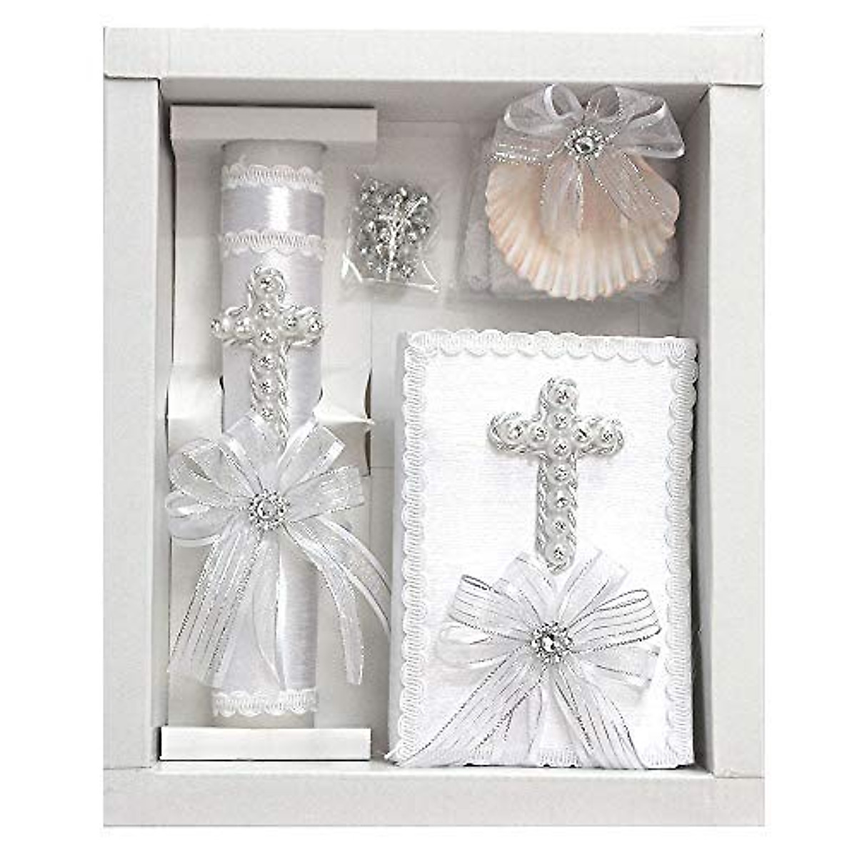 Swea Pea & Lilli White Pearl Cross Baptism Candle Set Kit for Christenings with Shell - Spanish