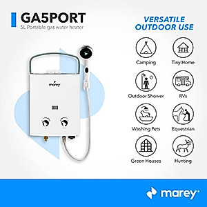 Marey GA5PORT Portable Propane Gas Tankless Water Heater, Small, White