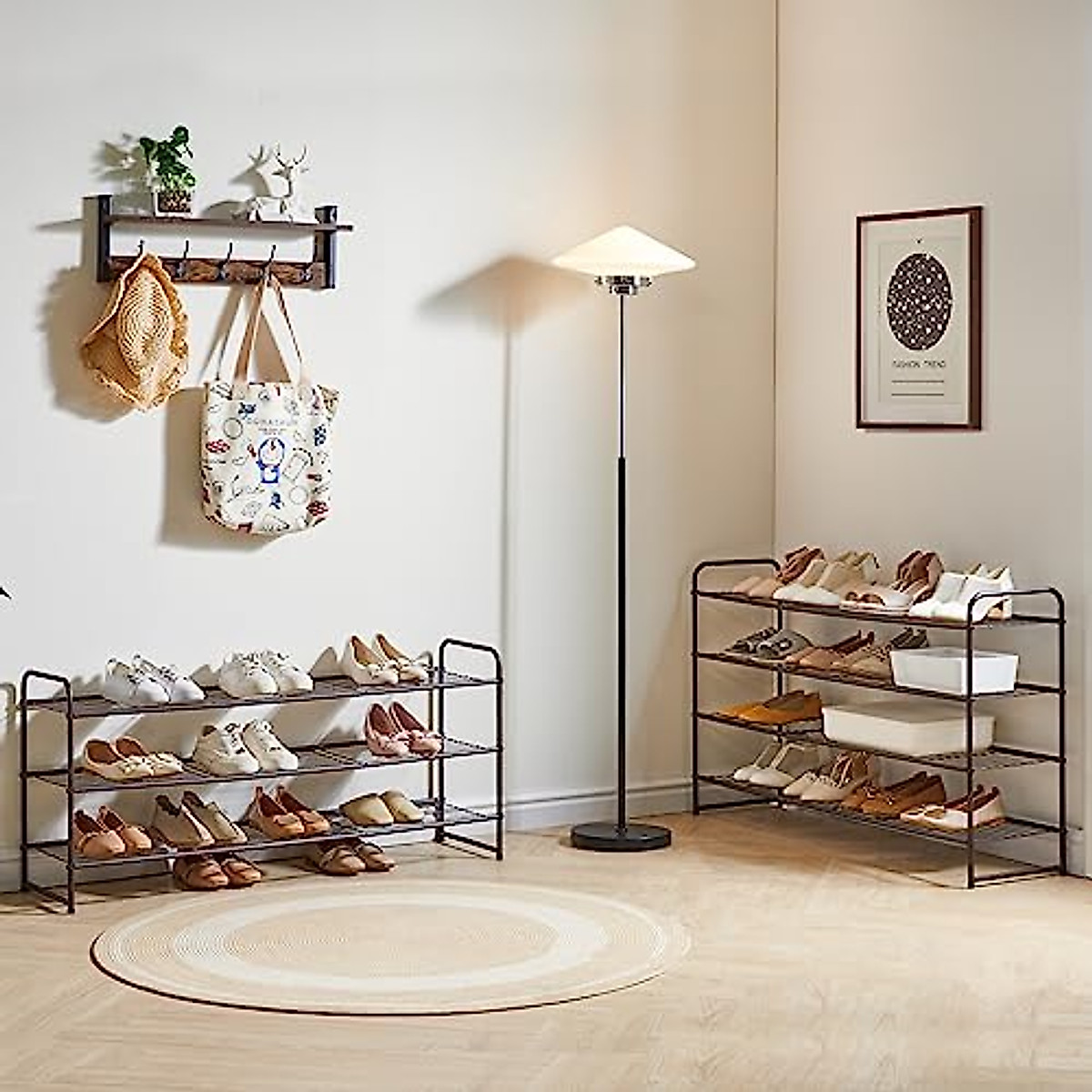 YMYNY Freestanding Shoe Racks, 3 Tiers Stackable & Adjustable Shoe Storage Shelf, Extra Large Capacity Shoe Organizer Stand for 20-24 Pairs, for Entryway, Closet, Bedroom, Brown, 42.9" L, UHXJ302BR