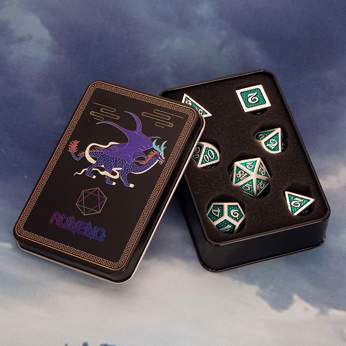 Metal DND Dice Set with Gift Box, RUNFNG 7 Pcs Polyhedral Dice Set for Dungeons and Dragons Dice, Blue Role Playing Dice, D and D D+D RPG Dice Set, D&D Dice Set D20 D12 D10 D8 D6 D4