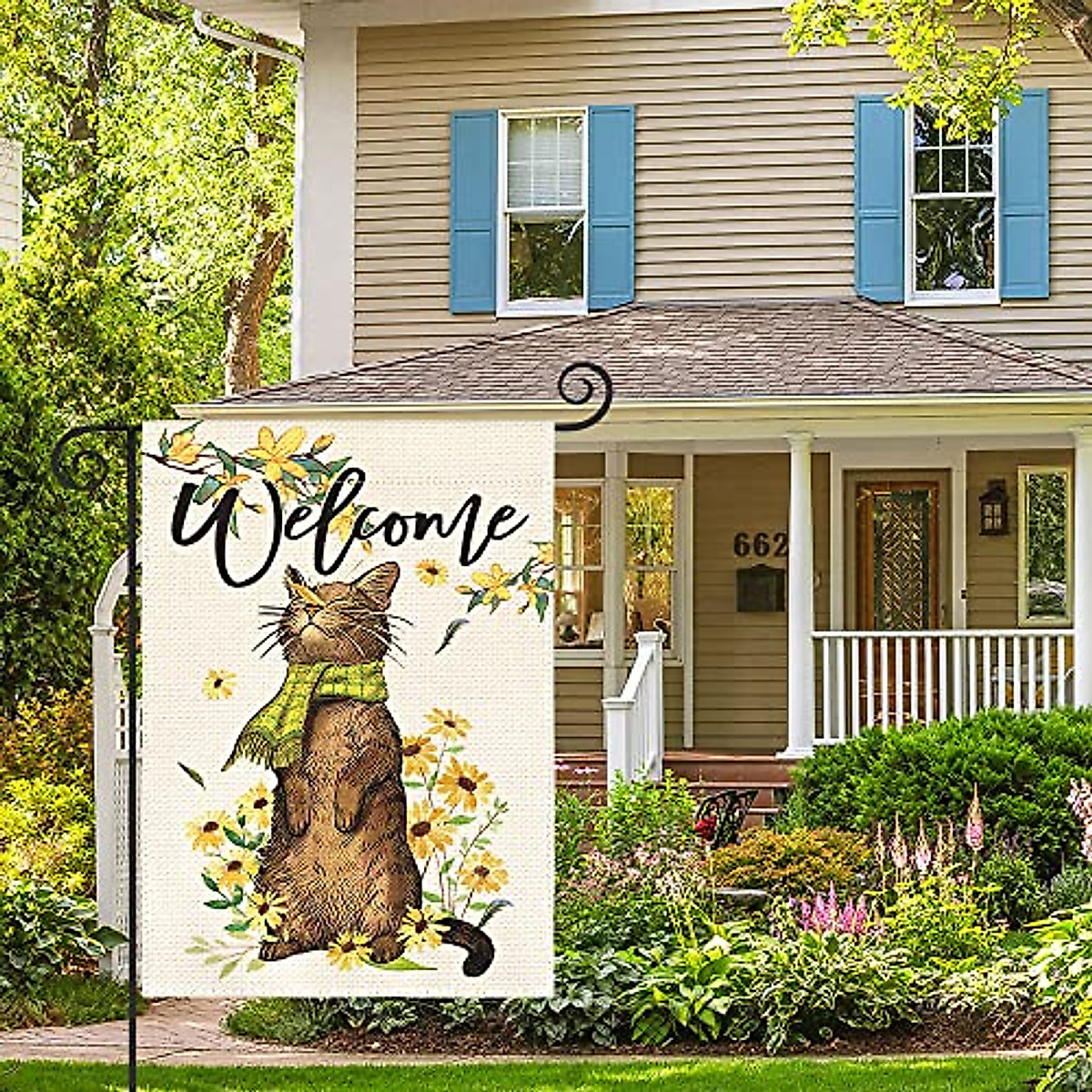 AVOIN colorlife Spring Summer Flower Cat Garden Flag 12x18 Inch Double Sided Outside, Yellow Daisy Sunflower Welcome Yard Outdoor Flag