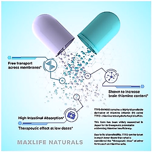 TTFD - B1 Max - Thiamine Vitamin B1 TTFD - 100mg - (Thiamine Tetrahydrofurfuryl Disulfide) Thiamine MAX, 60 Capsules by MAXLIFE NATURALS.