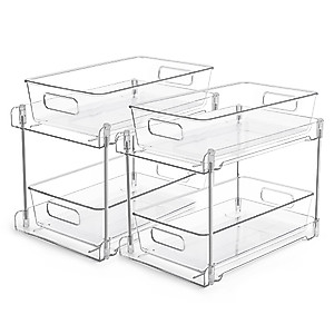 Vtopmart 2 Tier Bathroom Storage Organizer, 2 Pack Clear Under Sink Organizers Vanity Counter Storage Container, Medicine Cabinet Drawers Bins, Pull-Out Organization with Track for Pantry, Kitchen